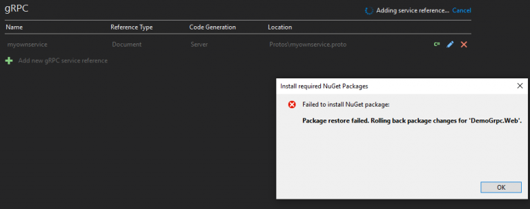 How To Resolve The Issue “failed To Install Nuget Package” When Adding A New Grpc Service 